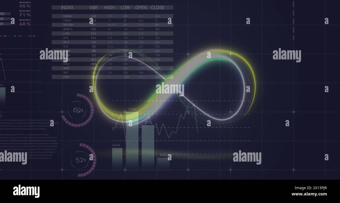Image Of Neon Infinity Shape Over Statistical Data Processing Against Black Background Stock