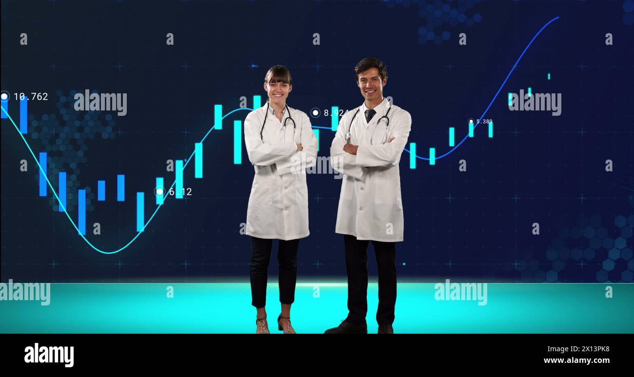 Image of financial data and graphs over caucasian female and male ...