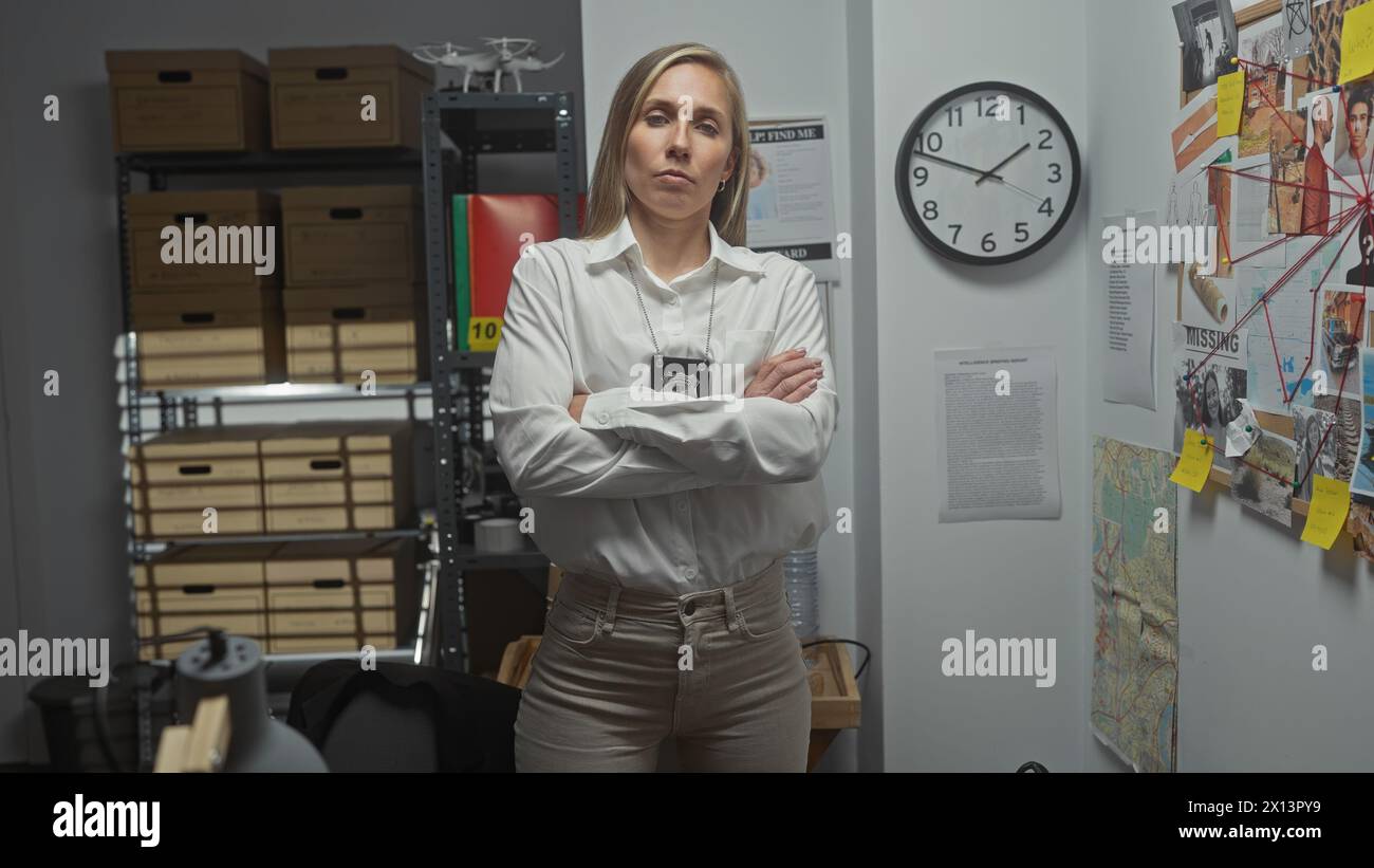 Confident woman detective stands in a police station evidence room with ...