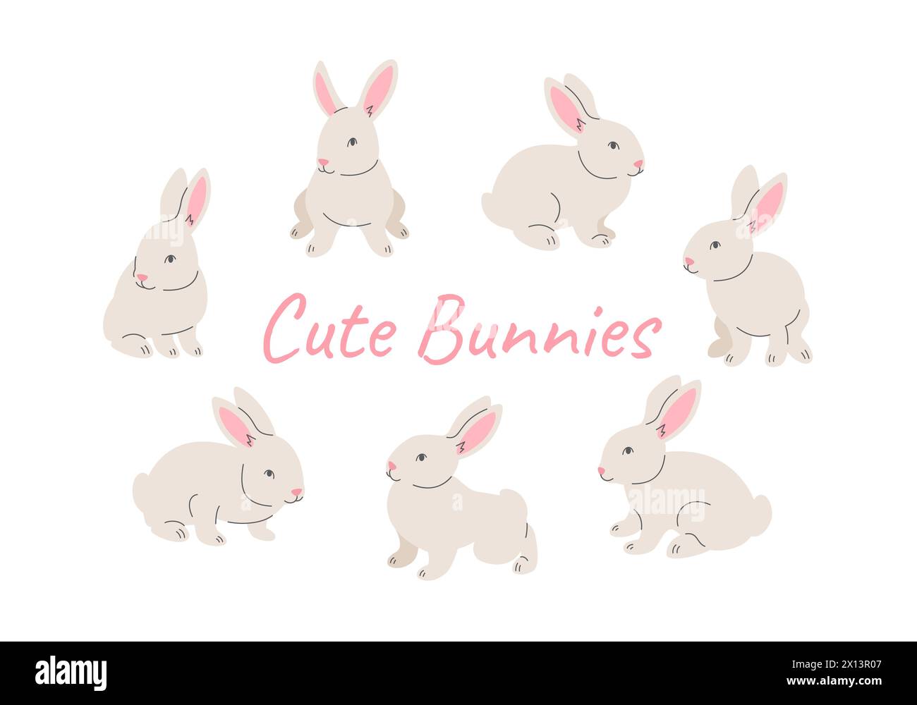 Cute playful little bunnies. Hand drawn cartoon baby rabbits in ...