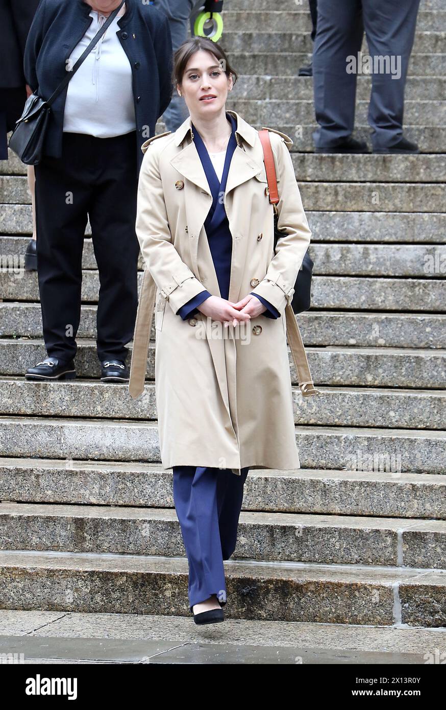 New York, USA. April 14, 2024 Lizzy Caplan filming on location for ...
