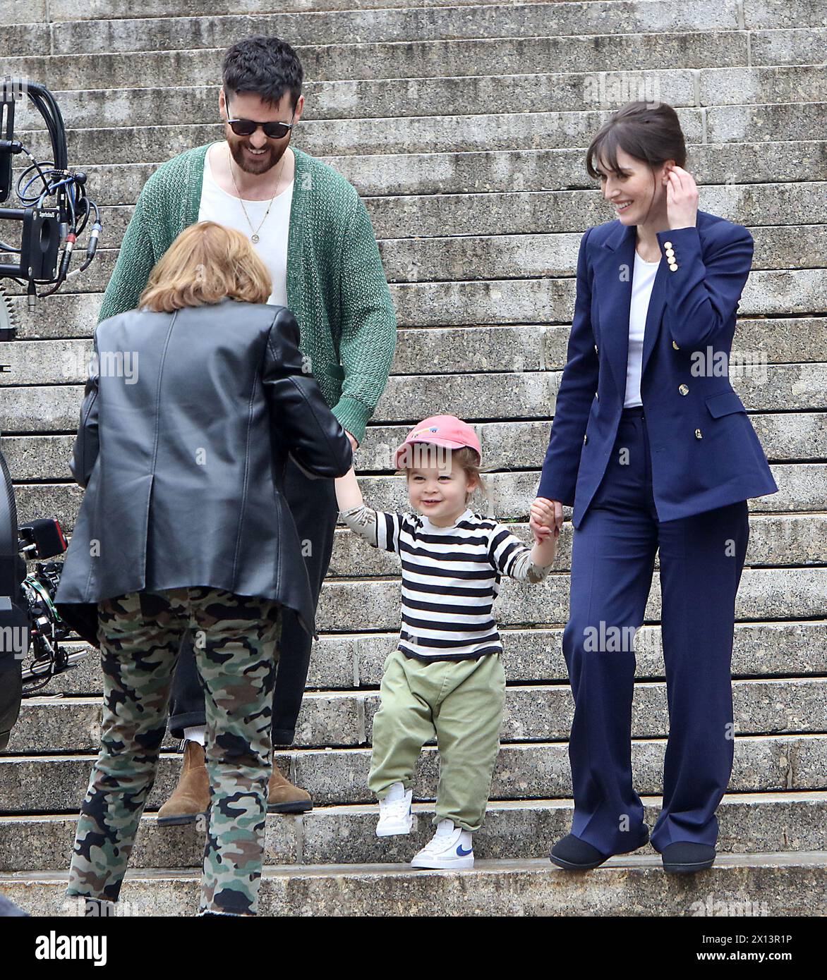 New York, USA. April 14, 2024 Tom Riley, Alfie Riley and Lizzy Caplan ...