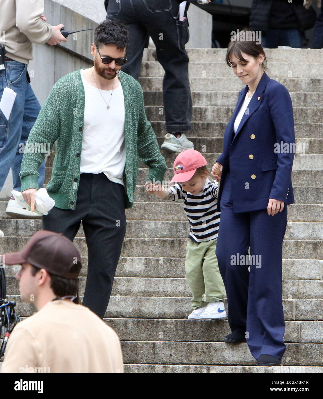 New York, USA. April 14, 2024 Tom Riley, Alfie Riley and Lizzy Caplan ...