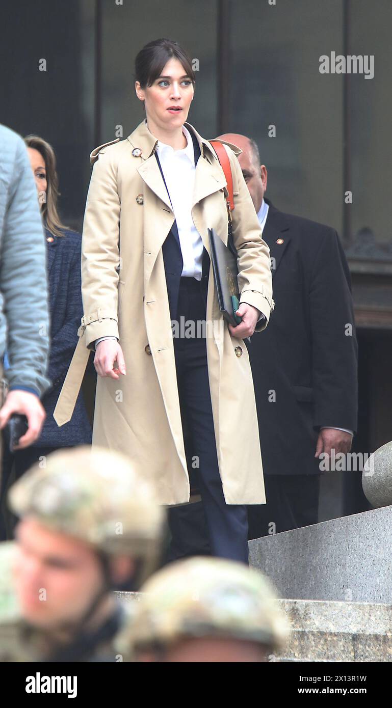 New York, USA. April 14, 2024 Lizzy Caplan filming on location for ...