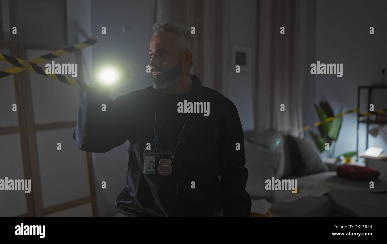 A bearded man inspects a dimly-lit room with a flashlight, surrounded ...