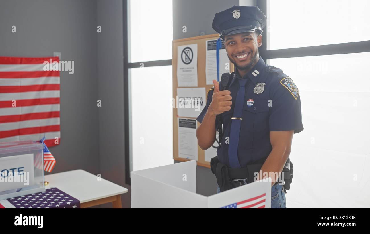 Smiling african american police officer showing thumbs up in a voting ...
