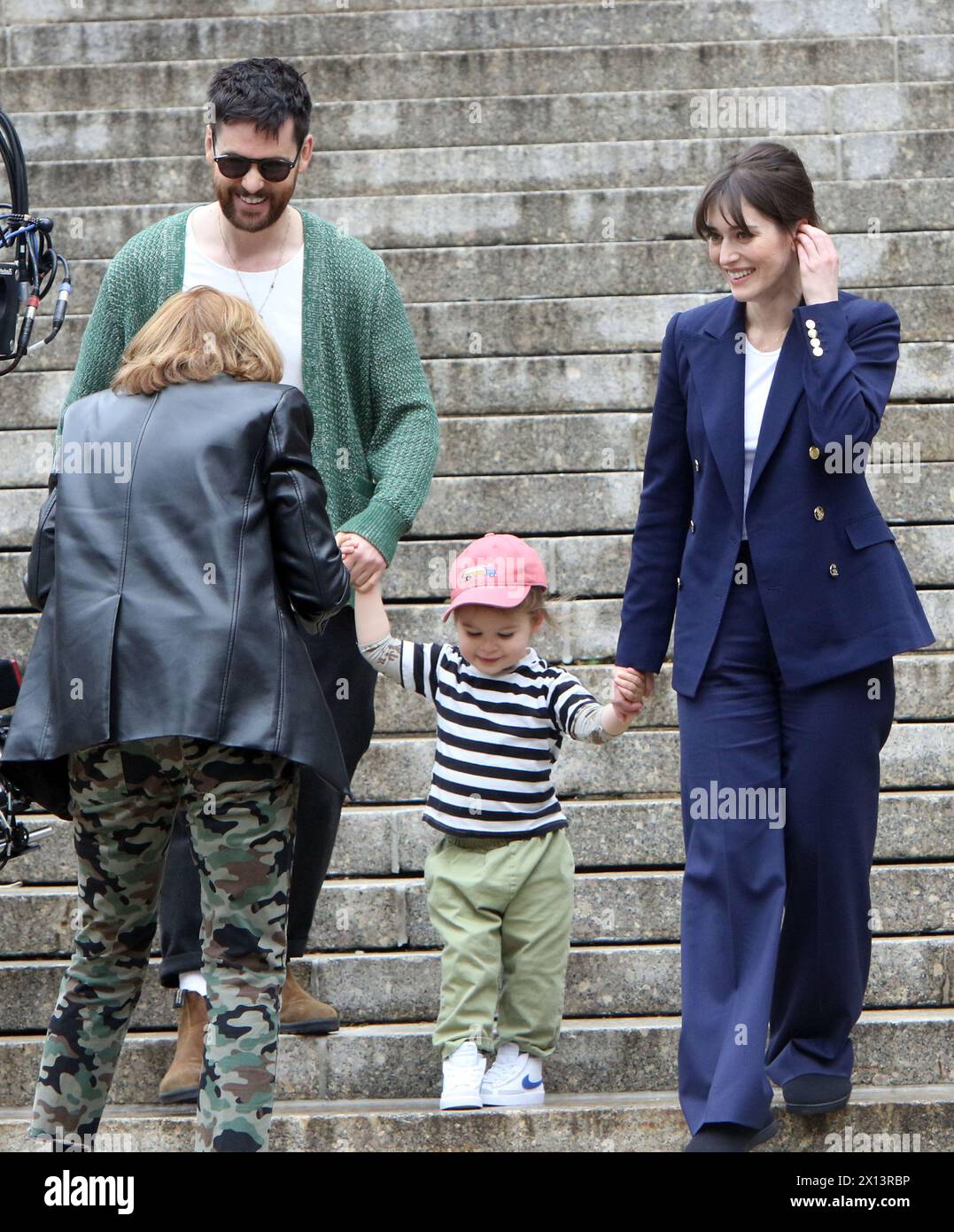 New York, USA. April 14, 2024 Tom Riley, Alfie Riley and Lizzy Caplan ...