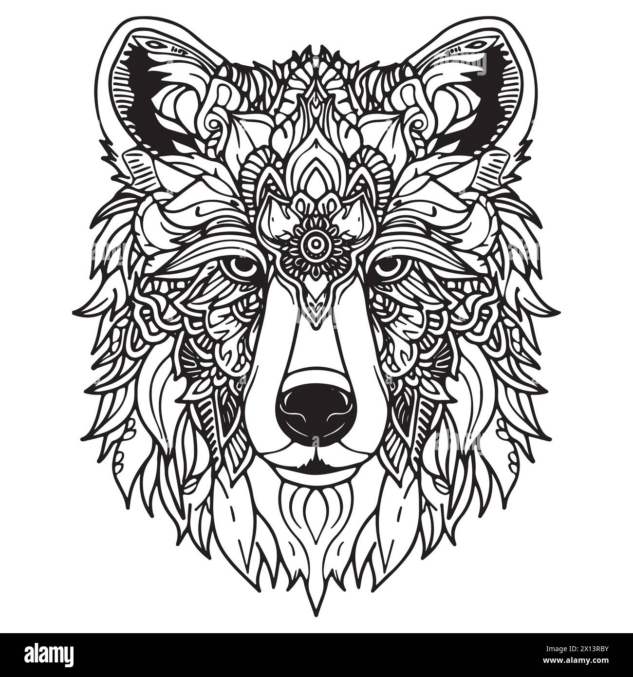 Mandala Coloring Page for Adults. Bear Head Zen Spiritual Relax ...