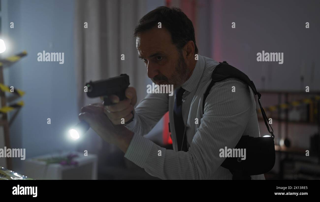 Mature man with a gun investigating a crime scene indoors, displaying ...