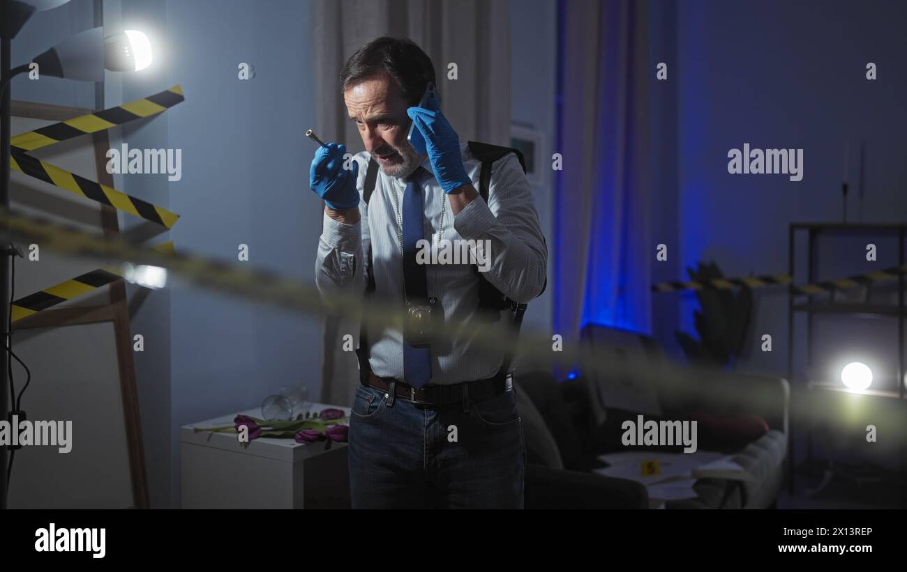 Mature man in suit holds phone and pen, analyzing clues in a dim ...
