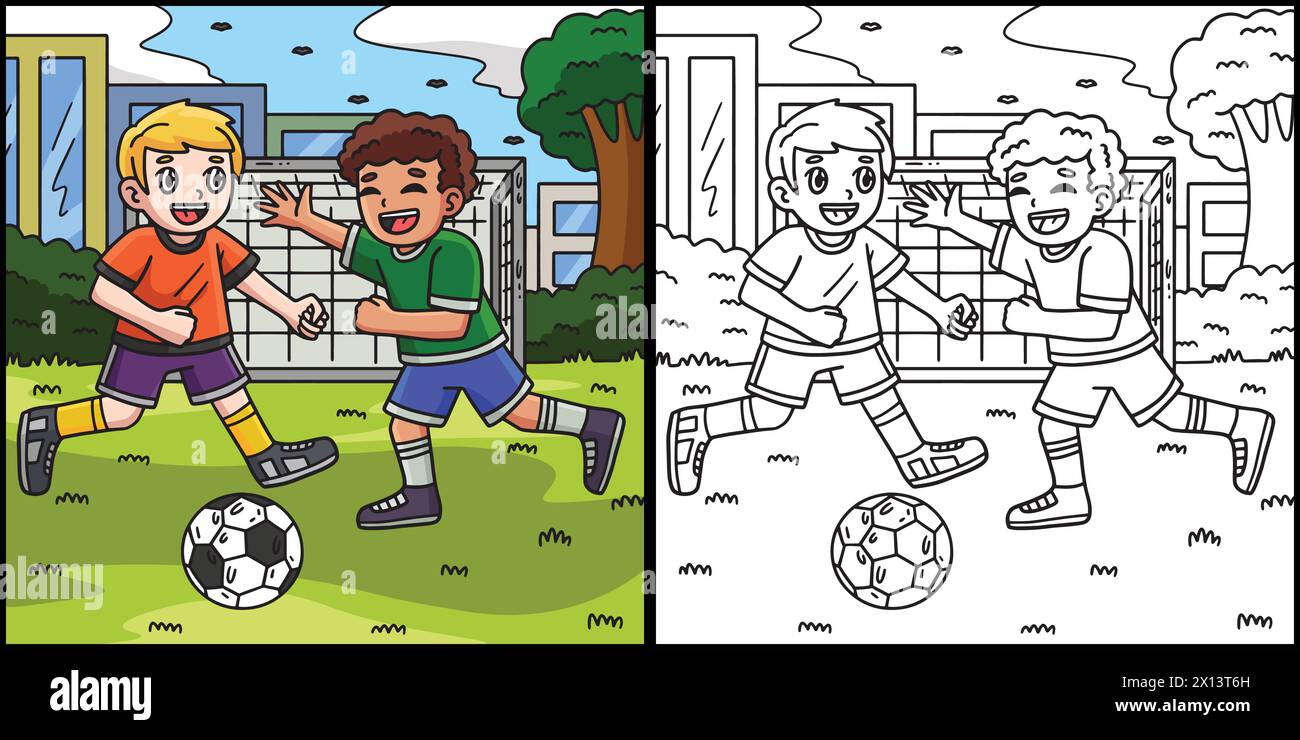 Kids Playing Soccer Coloring Colored Illustration Stock Vector Image ...