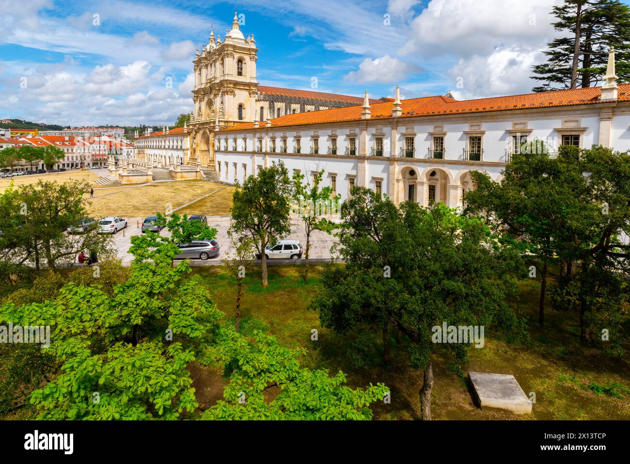 The grand exterior of the Alcobaça Monastery (Mosteiro de Alcobaça) or ...