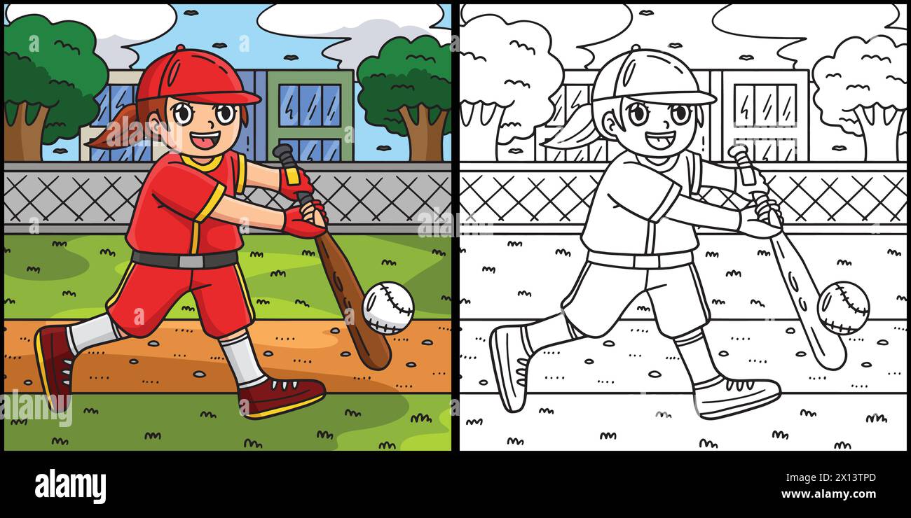 Girl Hitting Baseball Coloring Page Illustration Stock Vector Image ...
