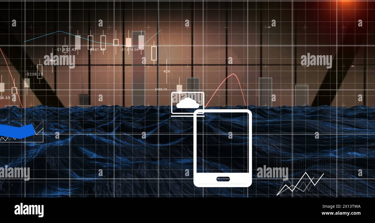 Image of digital icons and statistical data processing against blue ... Image of digital icons and statistical data processing against blue ...