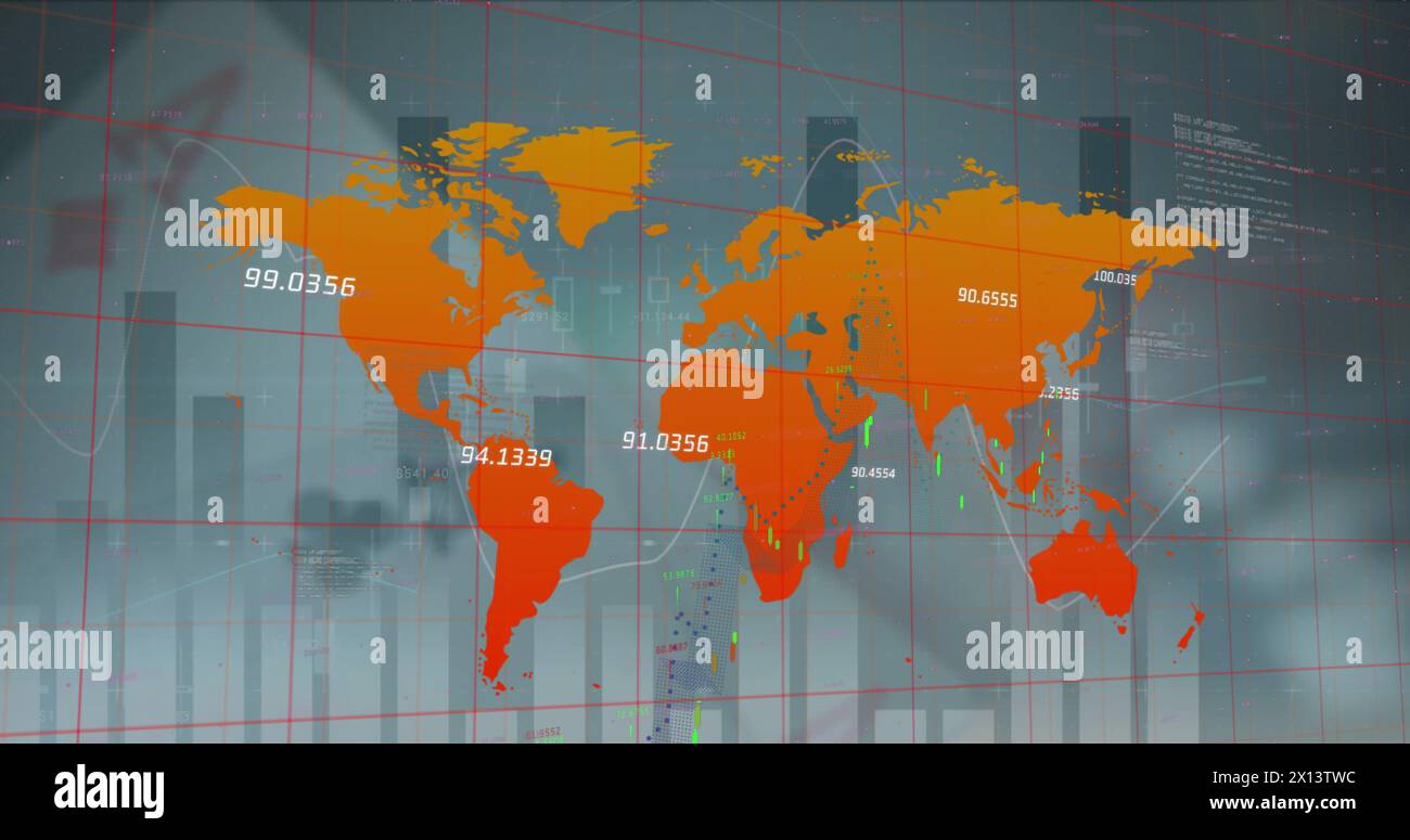 Image of statistical data processing over world map against poker chips ...