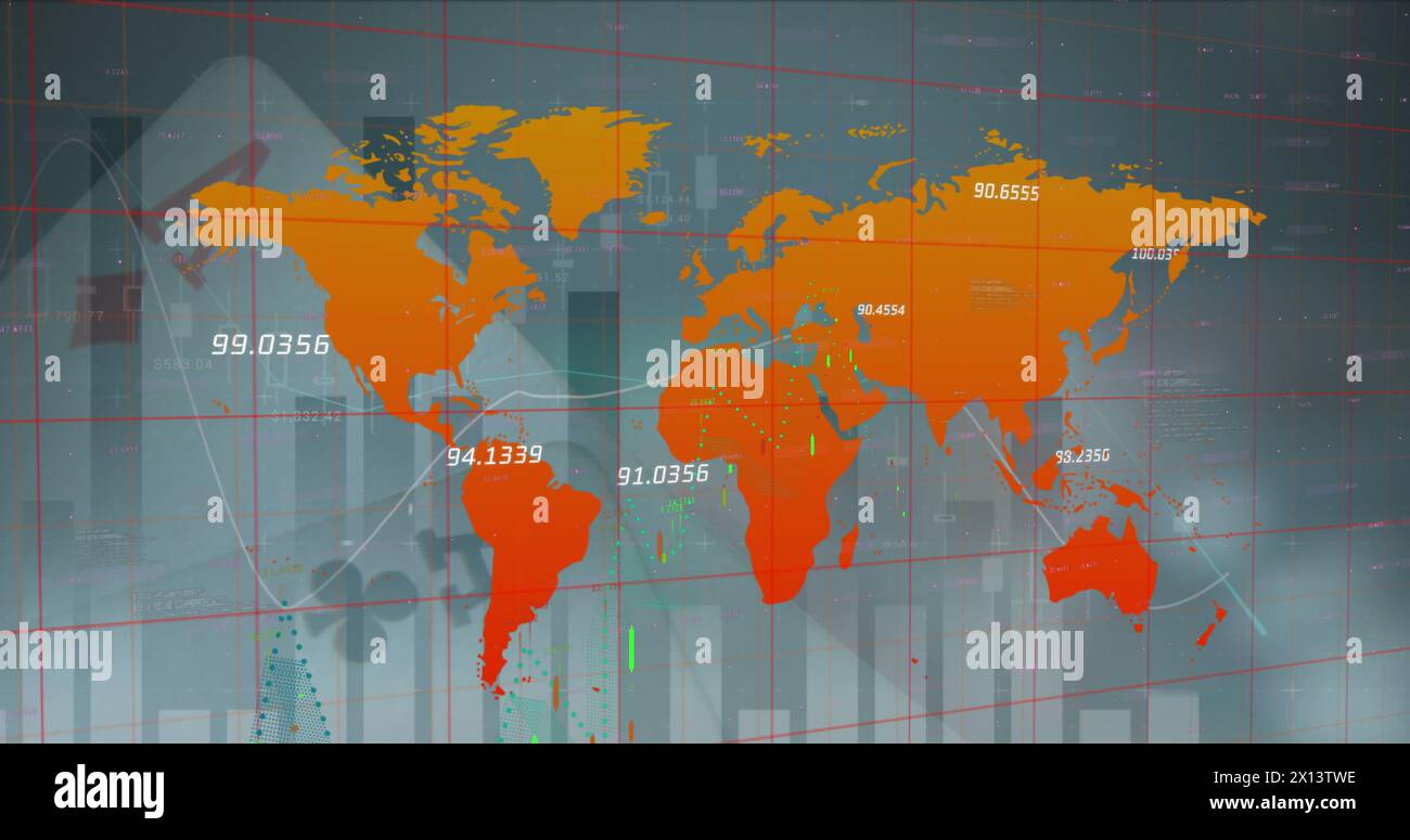 Image of statistical data processing over world map against poker chips ...