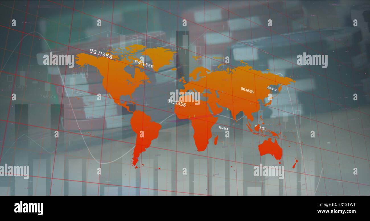 Image of statistical data processing over world map against poker chips ...