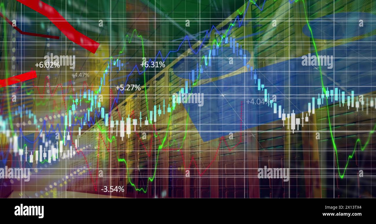 Image Of Financial And Statistical Data Processing And Light Spot Against Computer Server Room