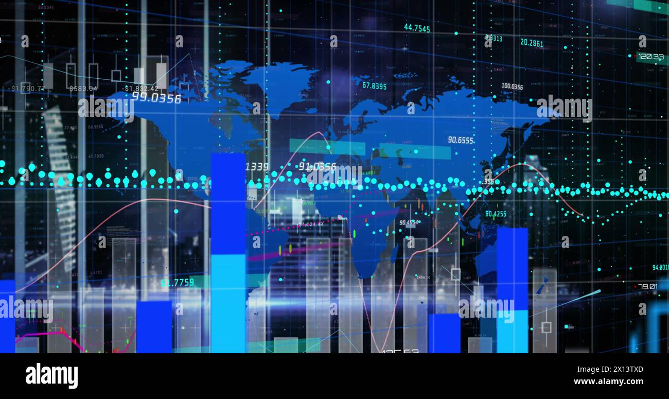 The image features a blue world map with various data points, a graph ...