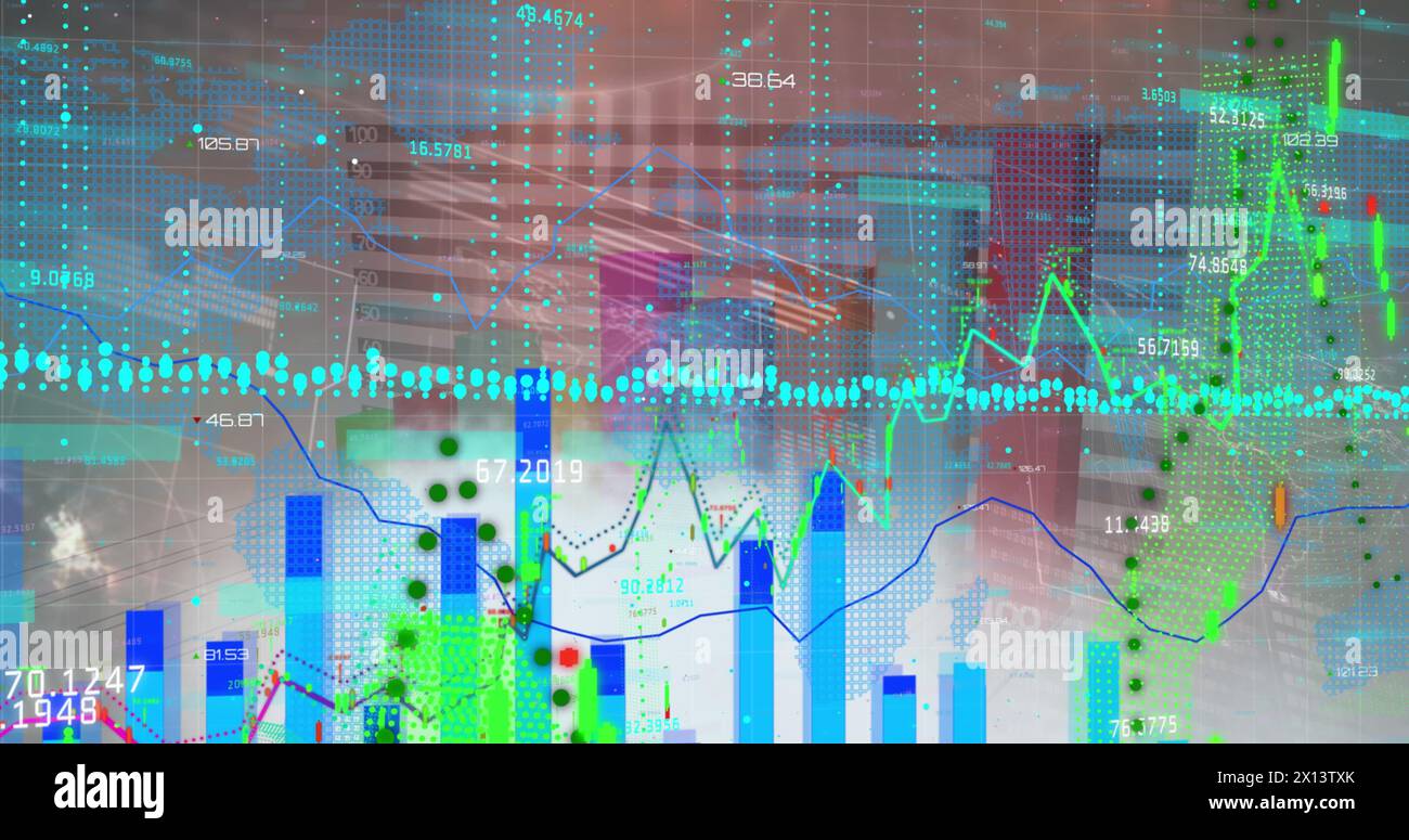 Image of financial and statistical data processing over world map against grey background Stock ...