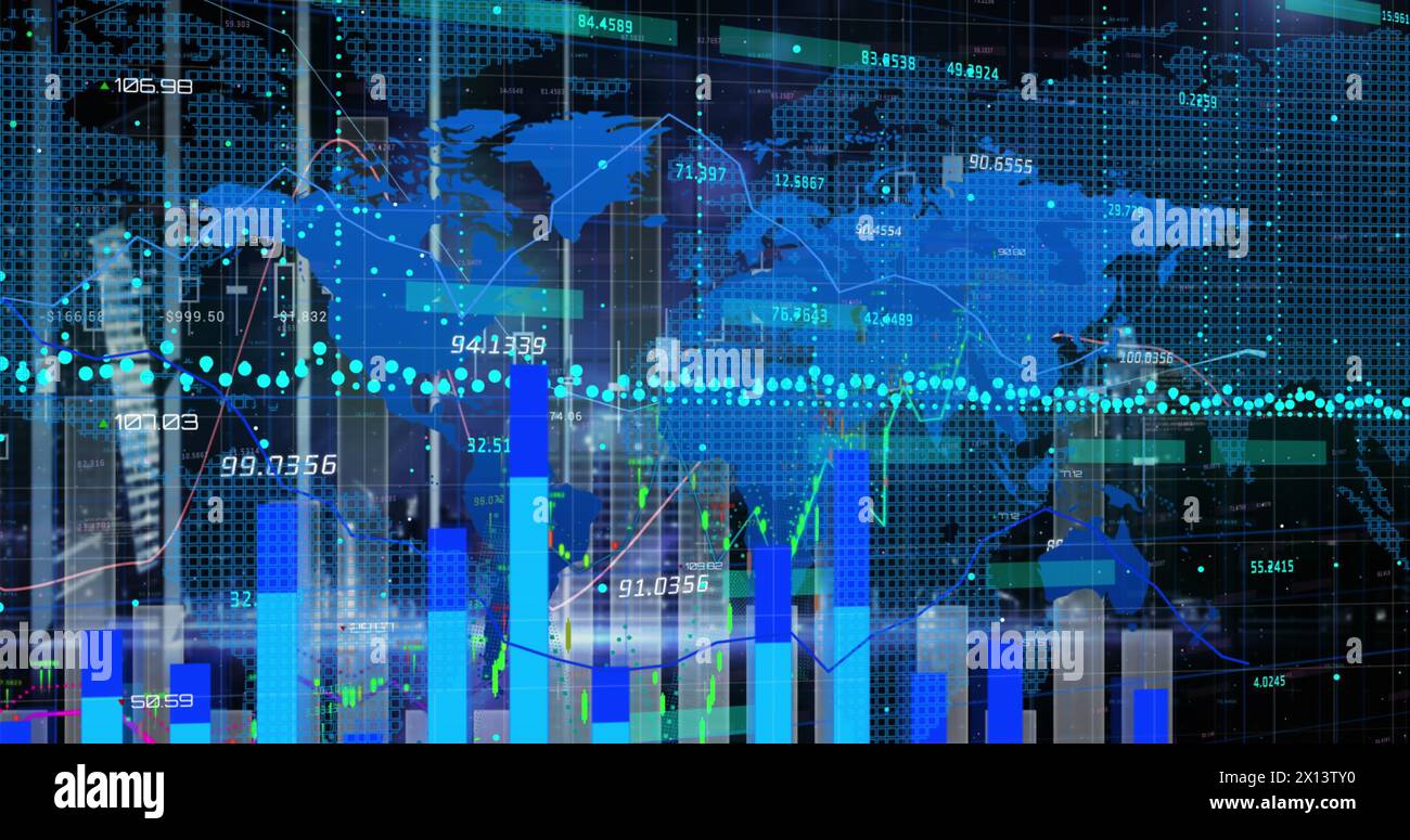 The image features a blue world map with various data points, a graph ...