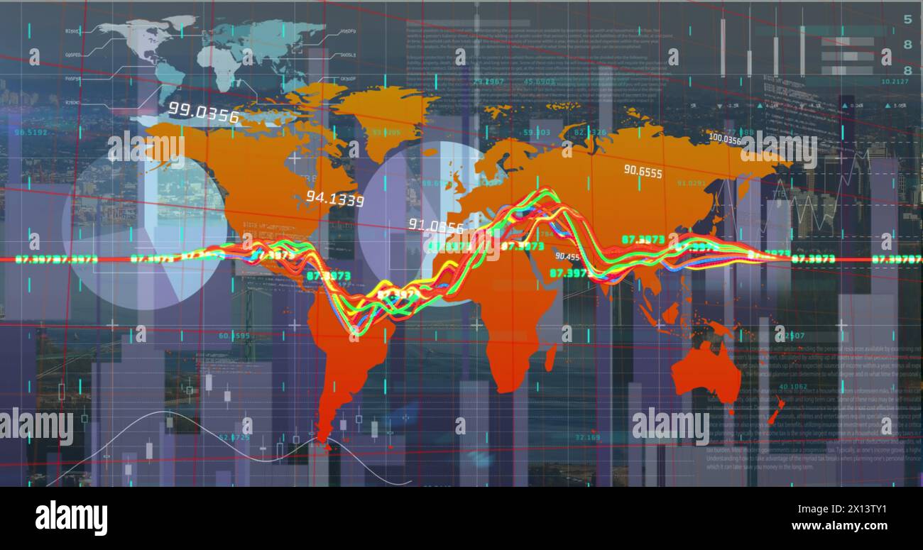 Image Of Statistical Data Processing Over World Map Against Aerial View