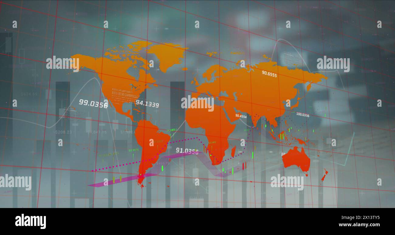Image of statistical data processing over world map against poker chips ...