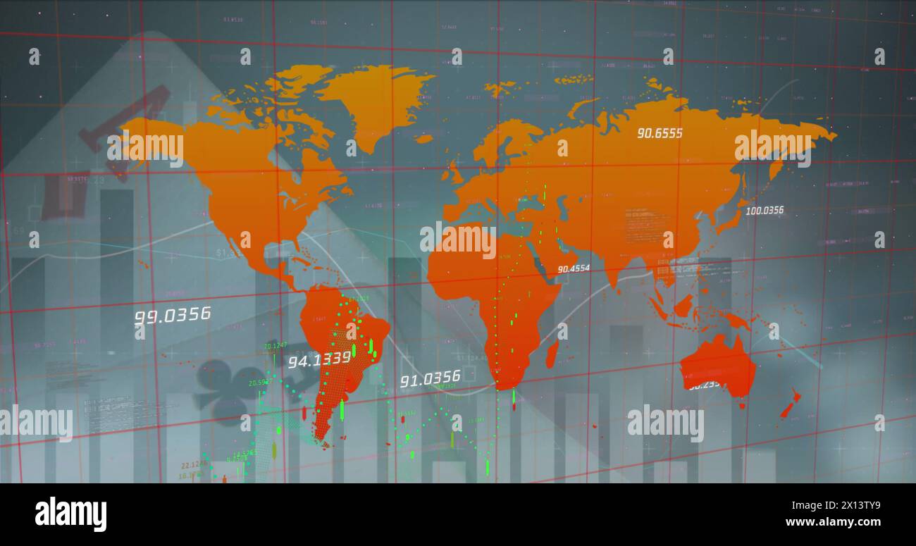 Image of statistical data processing over world map against poker chips ...