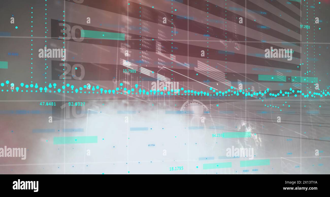 Image of financial and statistical data processing over world map against grey background Stock ...