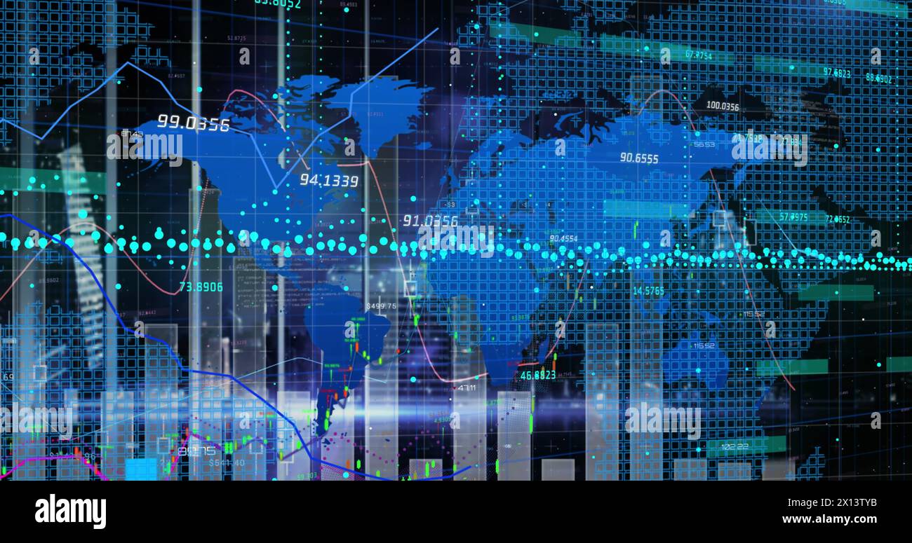 The image features a blue world map with various data points, a graph ...