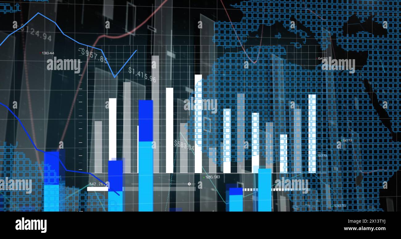 Image of statistical data processing over world map against black background Stock Photo - Alamy