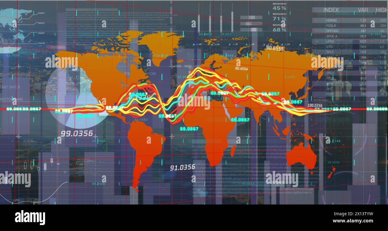 Image of statistical data processing over world map against aerial view ...