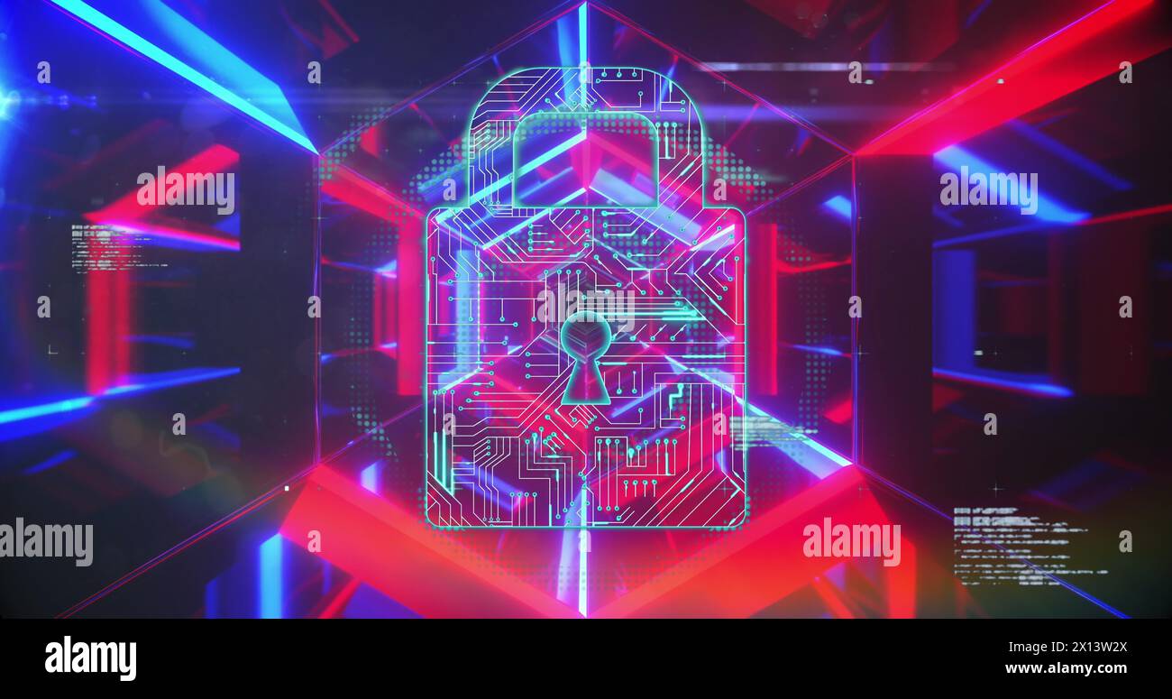 Image of security padlock icon over neon glowing tunnel in seamless pattern Stock Photo - Alamy