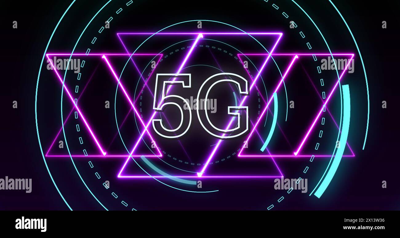 Image of 5g text over glowing purple light trails against round scanner ...