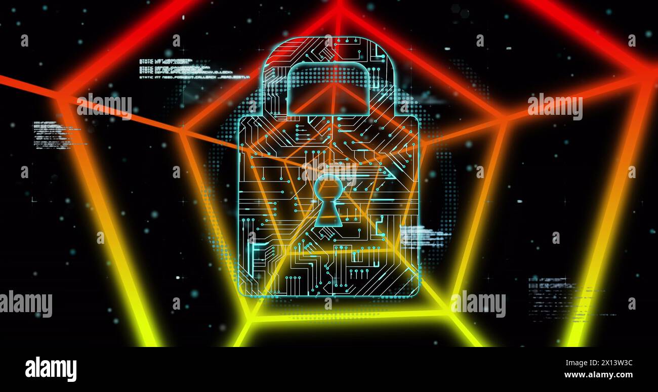 Image of security padlock icon over hexagonal tunnel in seamless pattern on black background ...
