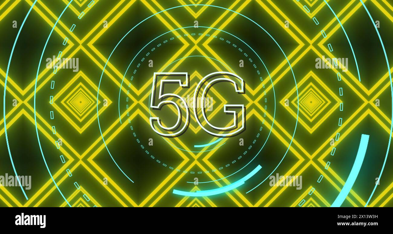 Image of 5g text over round scanner against neon kaleidoscopic patterns in seamless pattern ...