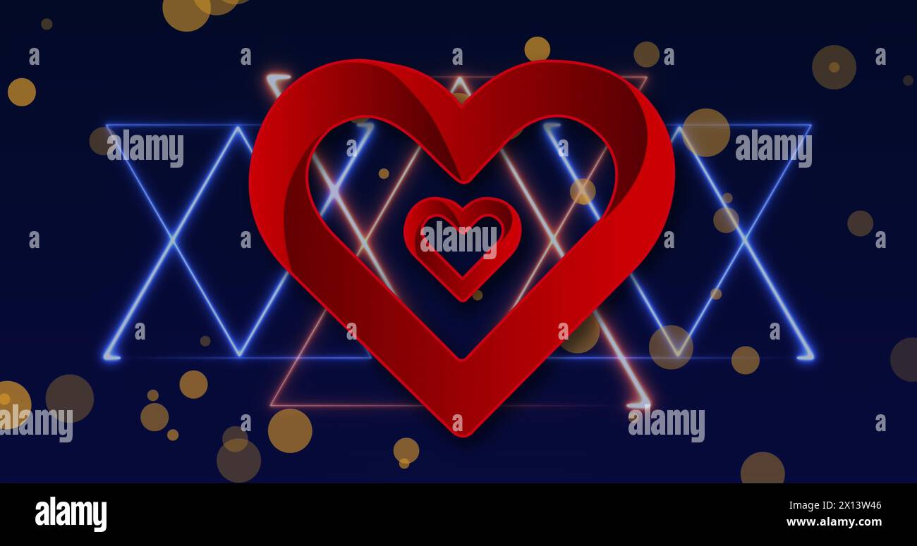 Image of red heart icon over neon light trails and yellow spots against ...