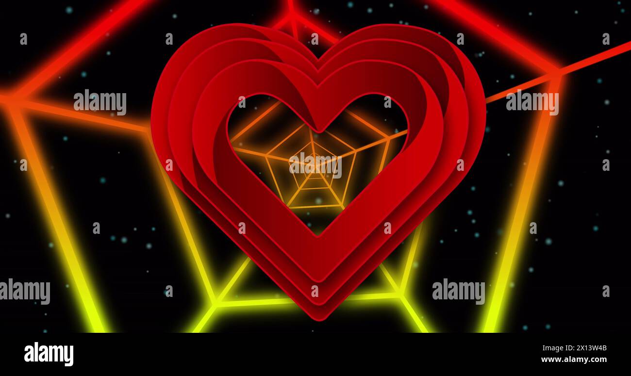 Image of red heart icon over neon hexagonal tunnel in seamless pattern ...