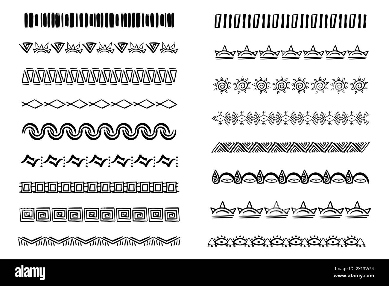 Set aztec tribal motive border in doodle hand drawn style from ...
