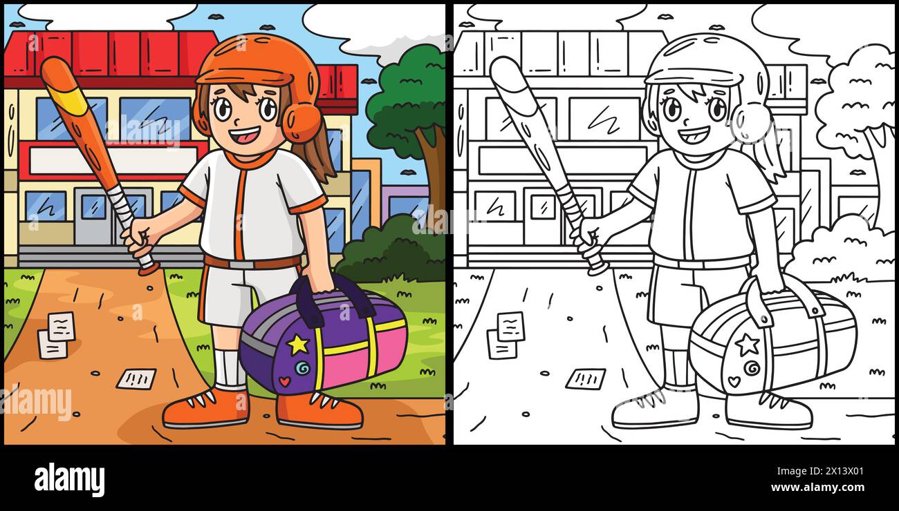 Girl with Sports Bag and Baseball Bat Illustration Stock Vector Image ...