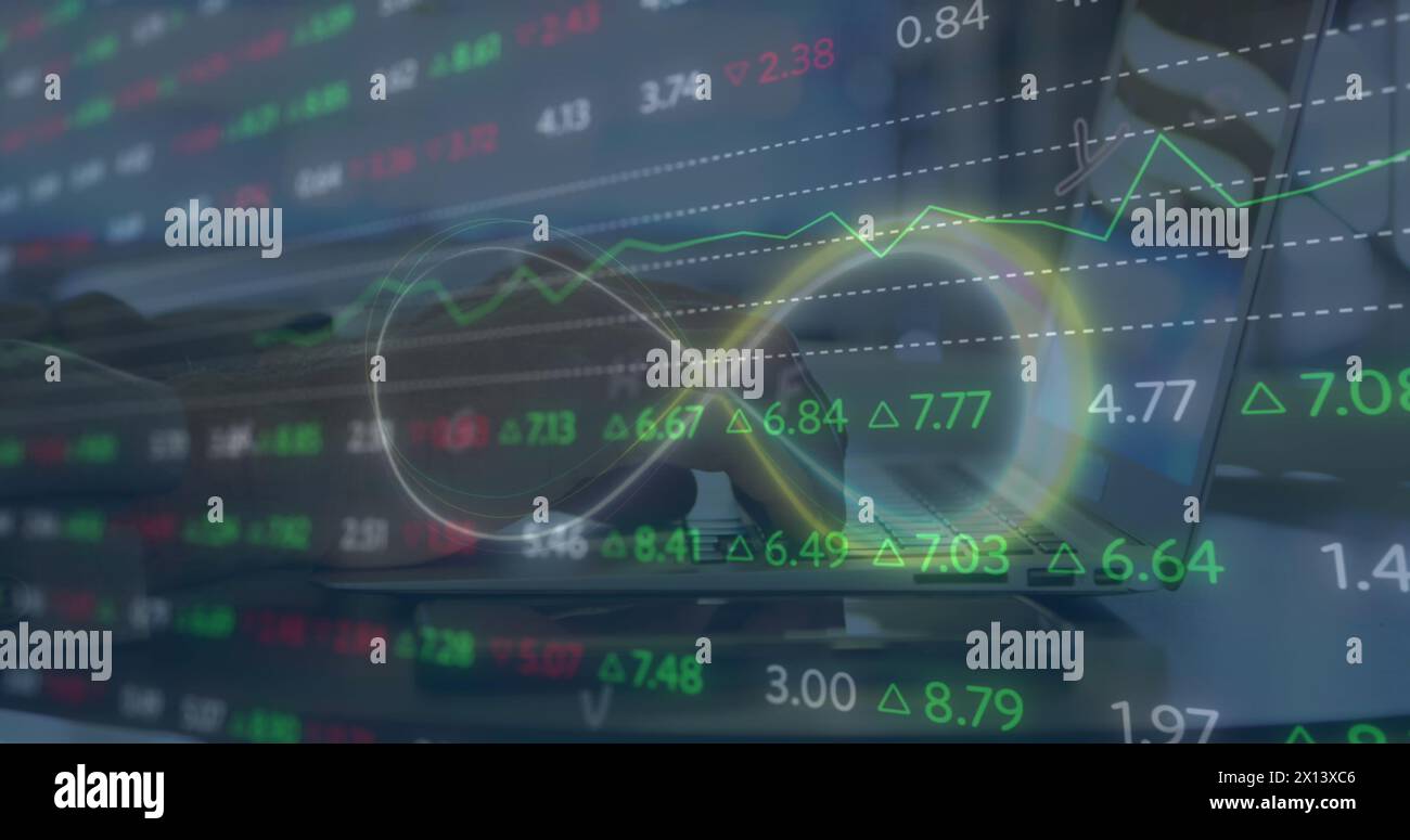 Image of stock market data processing and infinity symbol over mid ...