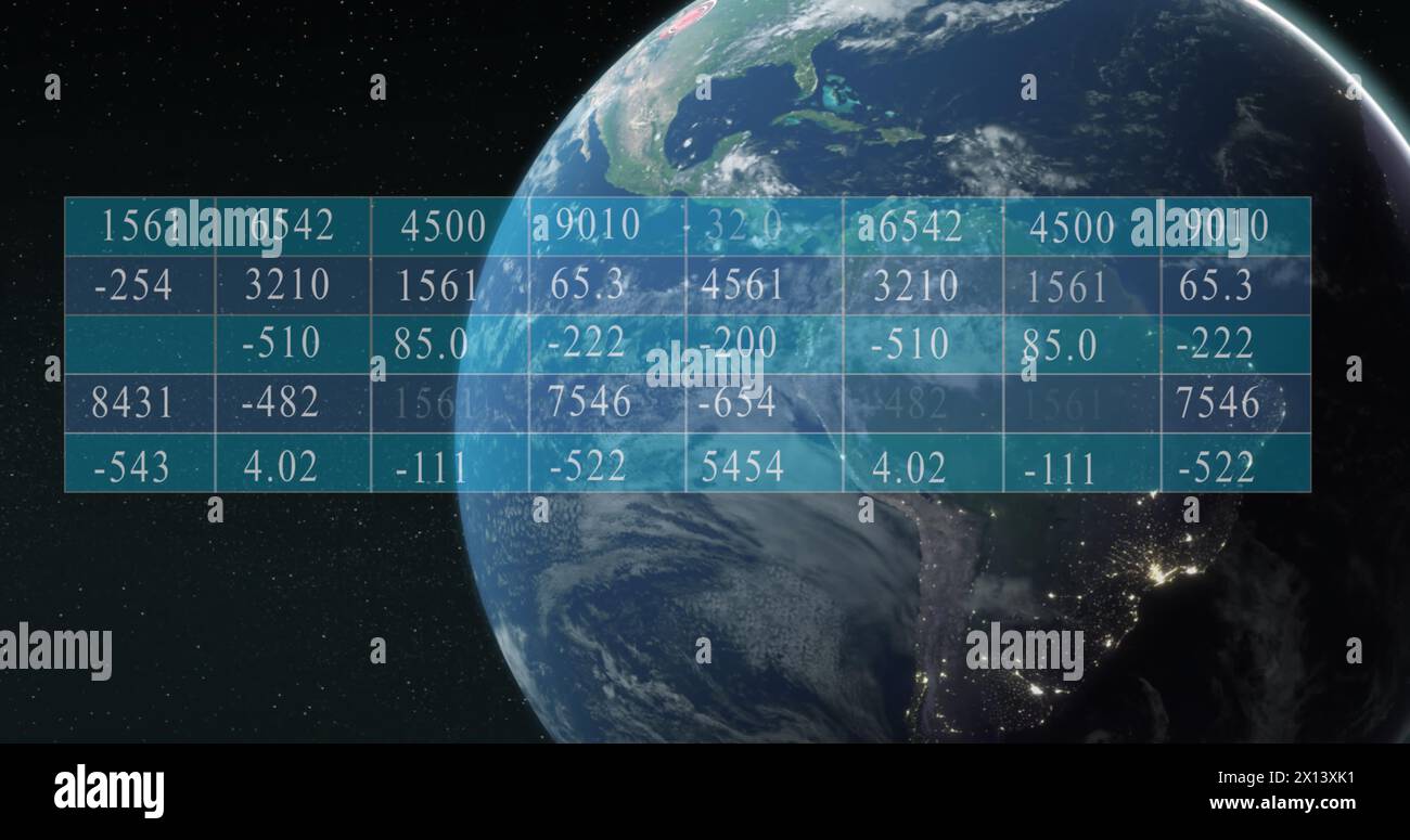 Image of number chart over globe and illuminated dots against black ...