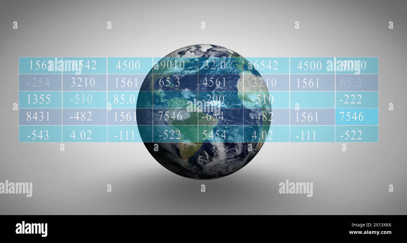 Image of number chart over rotating globe against white background ...