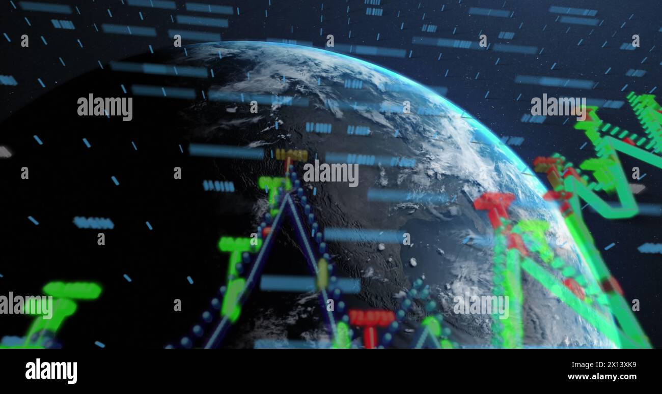 Image of multiple graphs, bars and changing numbers over rotating globe on abstract background ...