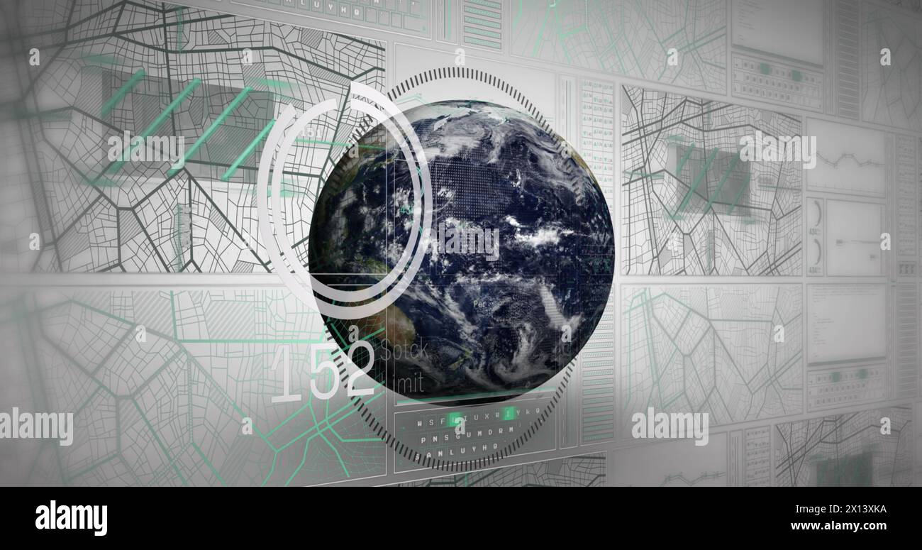 Image of navigation pattern, loading circles, changing numbers over globe on white background ...