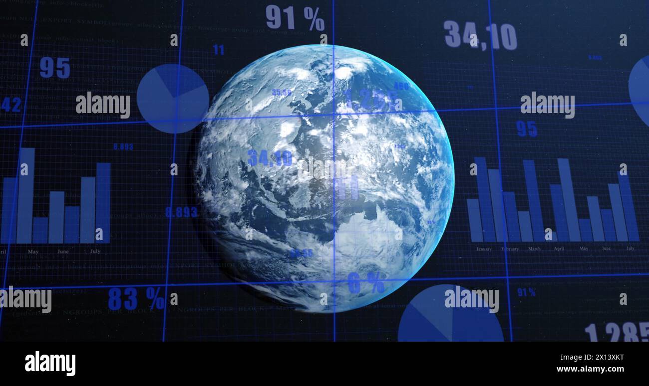Image of multiple graphs and changing numbers with grid pattern over rotating globe Stock Photo ...