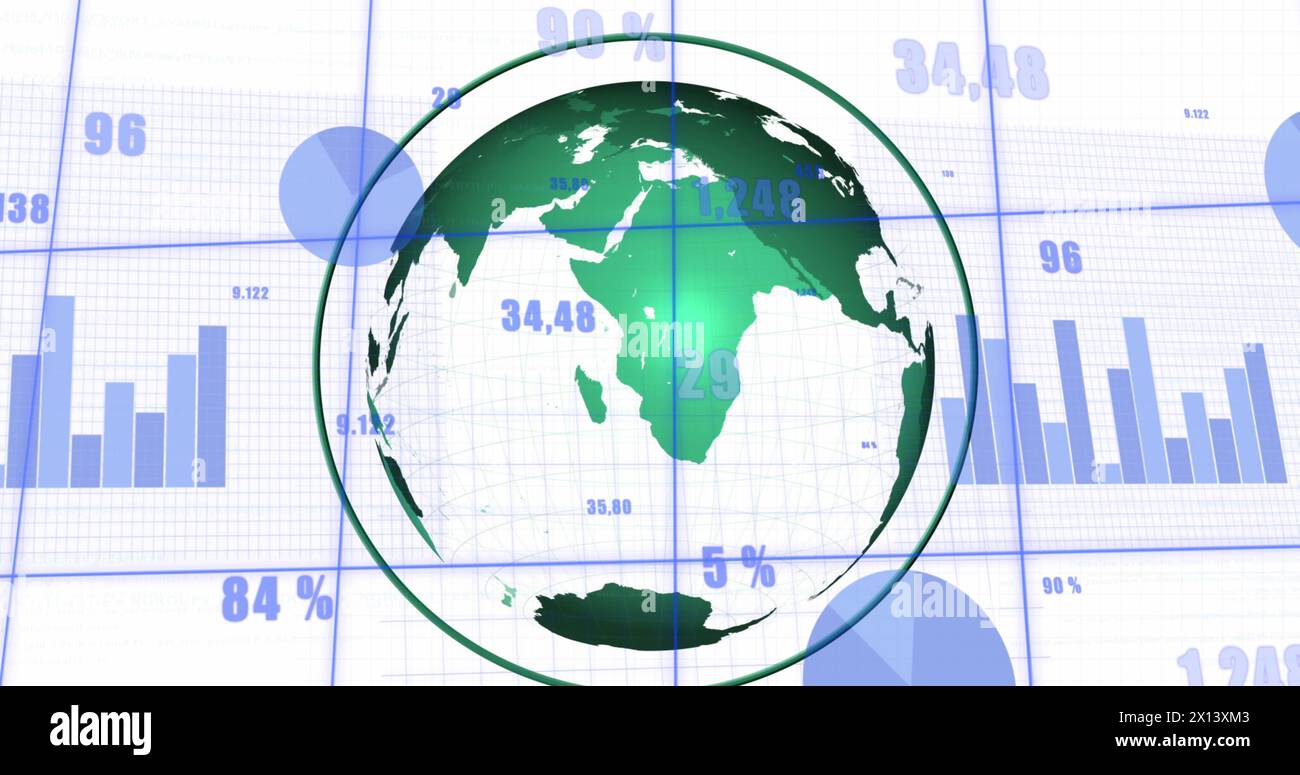 Image of rotating globe in circle with changing numbers and graphs over ...