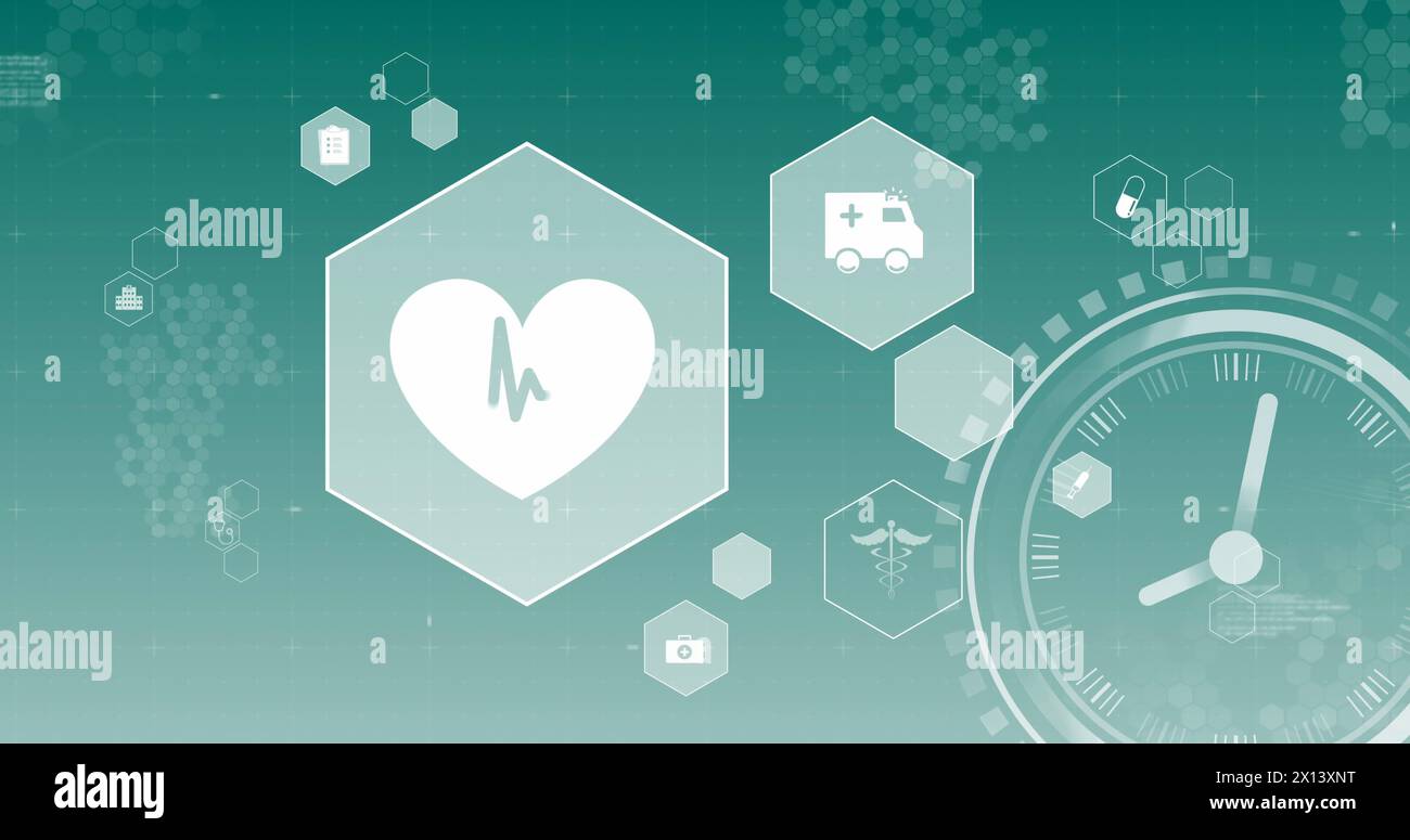 Fast moving clock over beating heart and medical icons on green ...