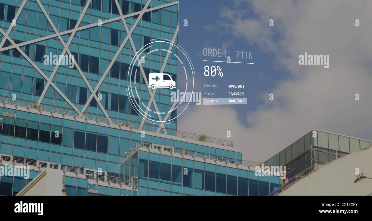 Image of icons with data processing over modern office building Stock ...