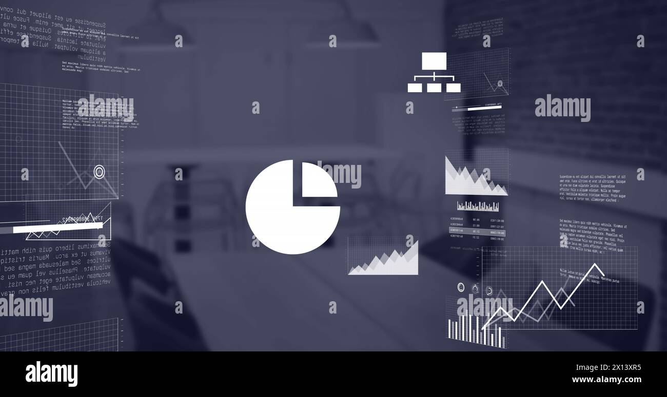 Image of interface with statistical data processing against empty conference room at office ...